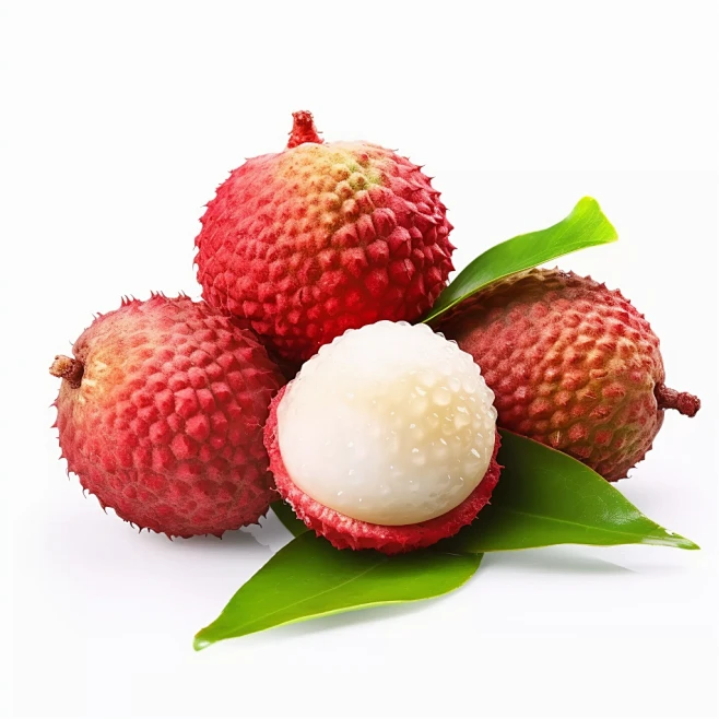 A pile of Hainan Fei Zi Xiao Lychee on a white background, by Mei Chen ...