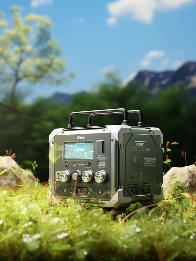 A portable generator sitting in the grass, in the style of delicately ...