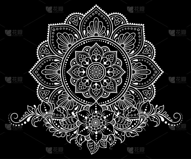 圆形曼陀罗的形式与花为指甲花，曼海蒂，纹身，装饰。具有民族东方风格的装饰装饰。轮廓涂鸦手绘矢量插图。素材-花瓣网