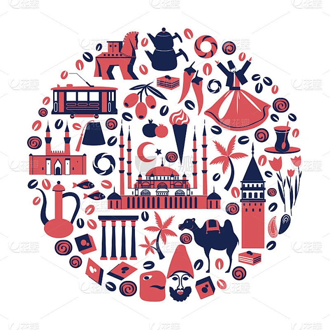 圆形矢量框架、土耳其卡通旅游插图、彩色地标加拉塔、内姆鲁特山、塞利米耶清真寺、伊兹密尔钟楼、切尔苏斯素材-花瓣网