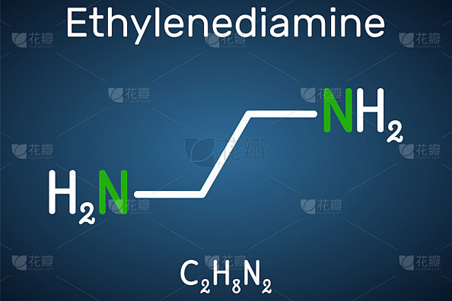 乙二胺C2H8N2分子。它是碱性胺、聚胺、砌块等许多化工产品的生产原料。结构化学公式在深蓝色背景上