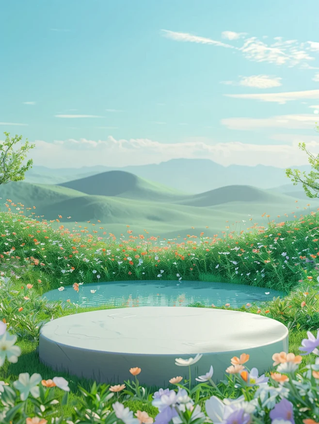 3d cartoon style. A simple circular stage is placed on a grassland with ...