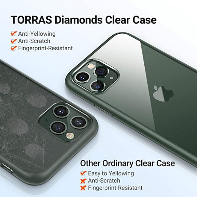 Amazon.com: TORRAS 钻石透明 iPhone 11 Pro Max 手机壳，[防黄][全面保护] 纤薄贴合防震硬塑料背壳和柔软 TPU 缓冲混合保护壳，专为 iPhone 11 ...