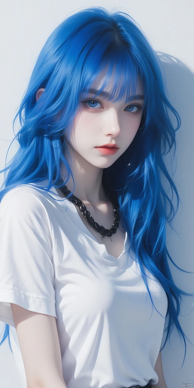 DONGMANG, WALLPER a vibrant blue haired woman with long wavy blue hair ...