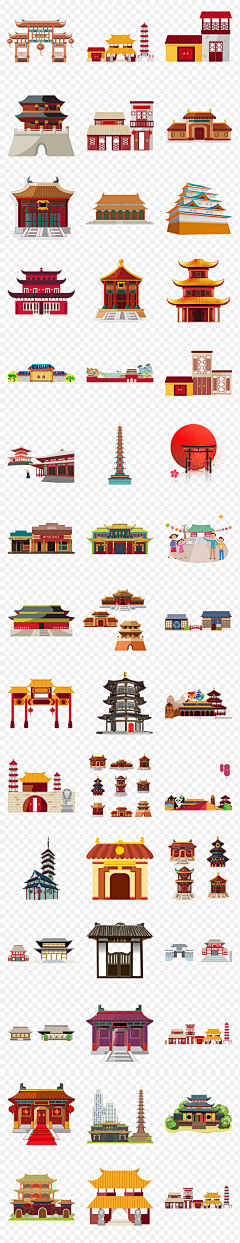 古代建筑-花瓣网|陪你做生活的设计师 | 手绘中国古代建筑城市塔PNG元素素材背景