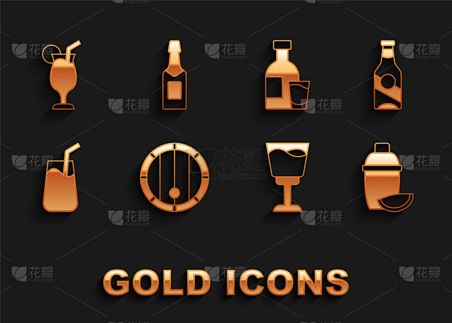 木桶，啤酒瓶，鸡尾酒调酒器与酸橙，葡萄酒杯，伏特加酒瓶，香槟图标。向量