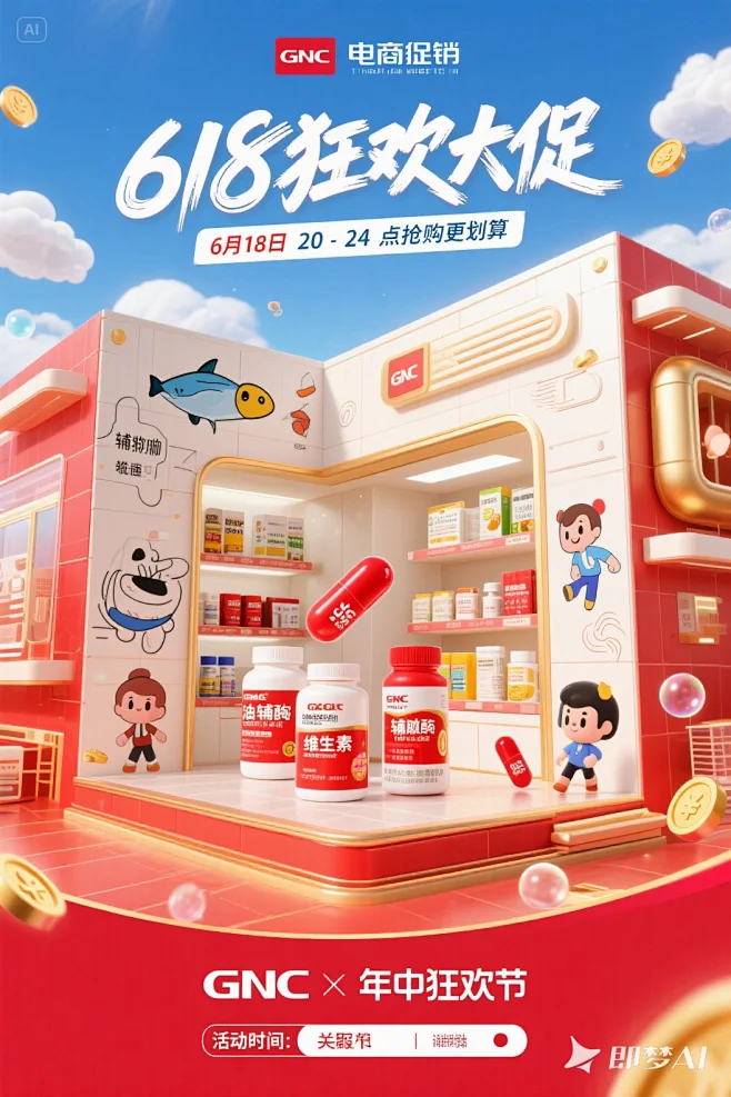 jimeng-2025-05-26-40-这是一张GNC保健品品牌天猫618电商促销海报。构建一个未来感的创意空中飞船的建筑，外观和内部空间融入GNC品牌保健品（鱼油，辅酶，维生素，男女营养包 ...