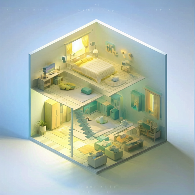 剖面房间卧室厨房3D小房间模型 (6)
