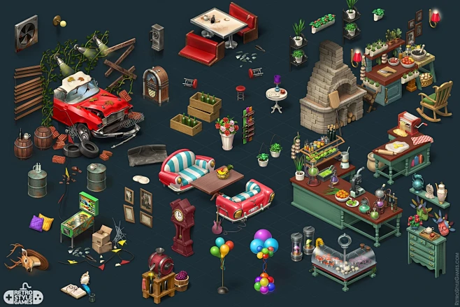 Isometric-3D-Game-Sprites-Broken-Car-Abandoned-花瓣网