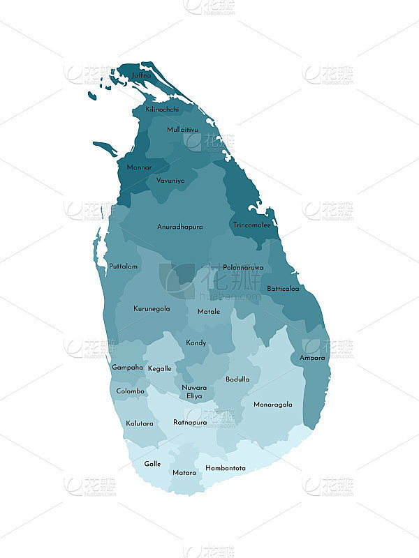 斯里兰卡简化行政地图矢量孤立插图。地区的边界和名称。五颜六色的蓝色卡其色轮廓