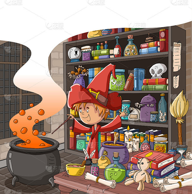 Cartoon wizard working on magic potion in boiling