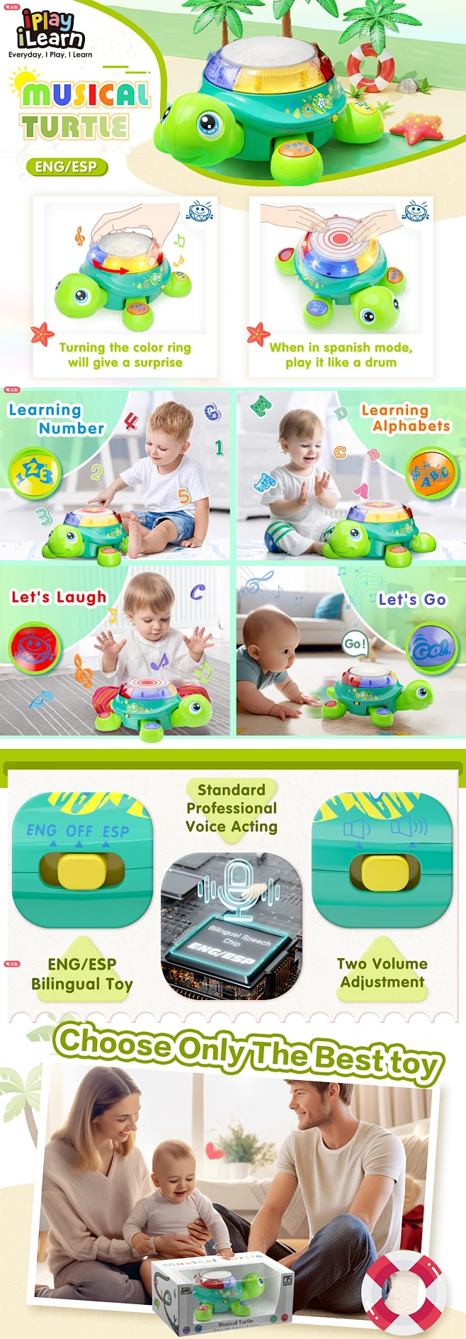Amazon.com: iPlay, iLearn Baby Musical Turtle Toy, Infant Crawling Toys ...