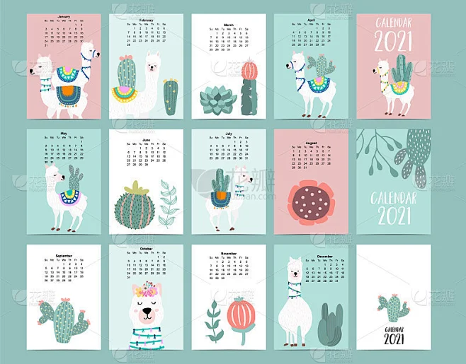 Cute animal calendar 2021 with llama, alpaca, cact素材-花瓣网