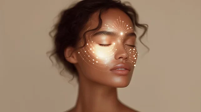 Dark-skinned woman with radiant skin and futuristic light patterns on ...