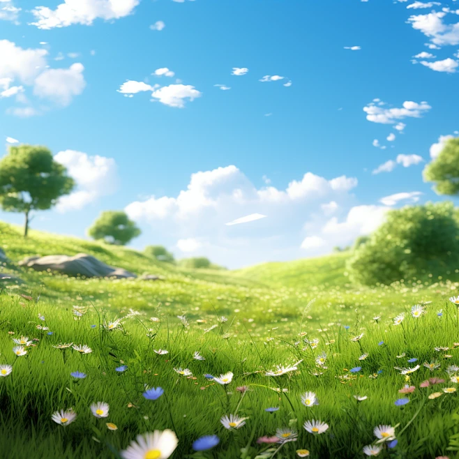 The green grass of the meadow against a blue sky, in the style of ...