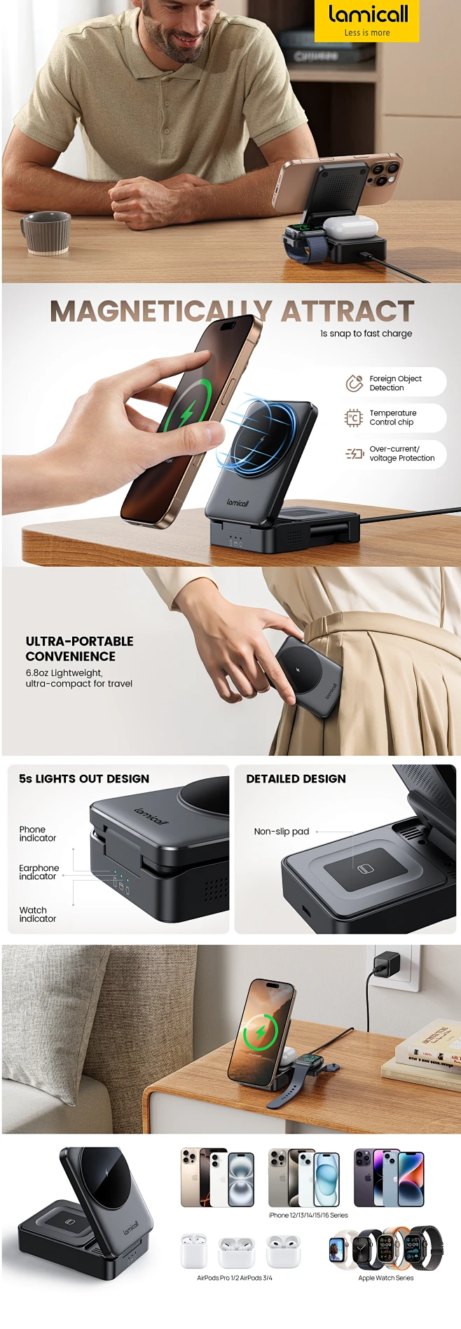 Amazon.com: Lamicall 苹果 3 合 1 充电站 – 可折叠无线充电器支架适用于 MagSafe 便携,旅行无线充电器站适用于多台设备,适用于 iPhone 16、15、14 ...