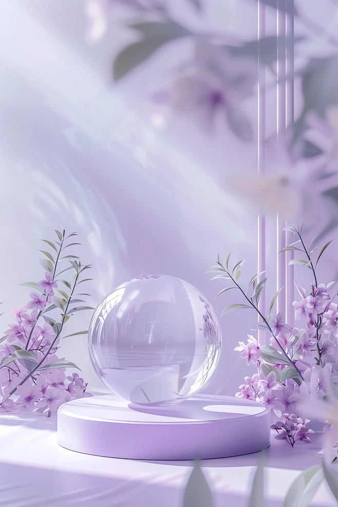 A light purple background with glass and plants, minimalist stage ...