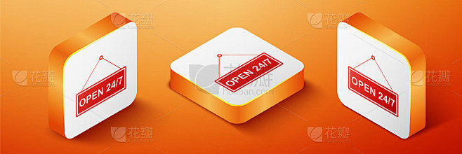 Isometric Hanging sign with text Open 24-7 hours i