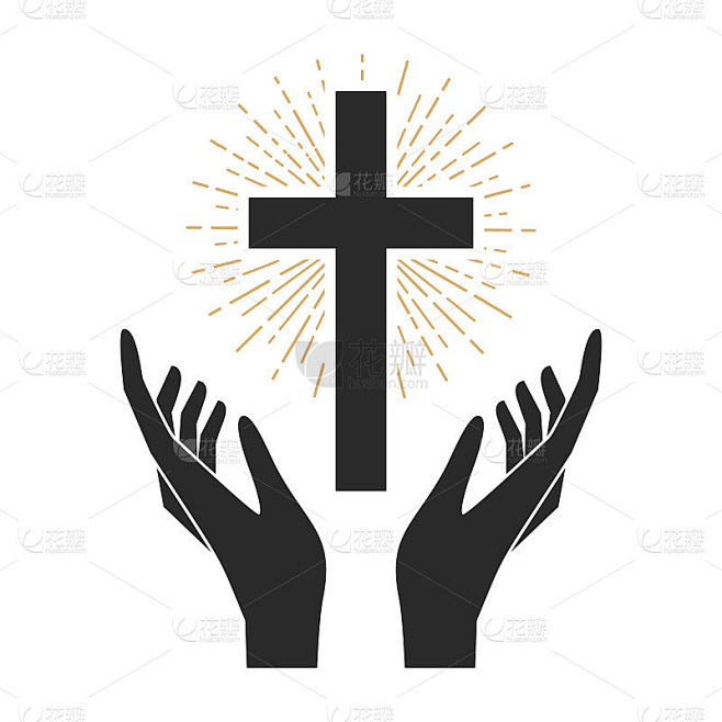 双手戴着神圣的十字架。设计元素的标签，徽章，标志，徽章。矢量图