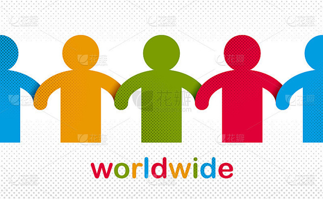 世界人民全球社会观念，不同种族团结，我们站在一起，团结和友谊的寓意，世界团结合作，矢量插图标志或图标