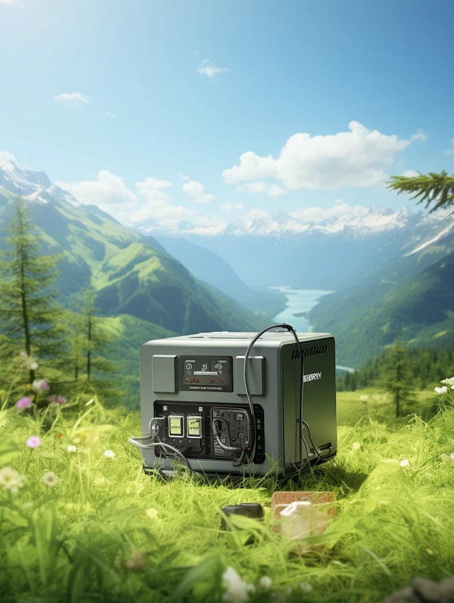 Small portable power pack in the middle of a green field, in the style ...