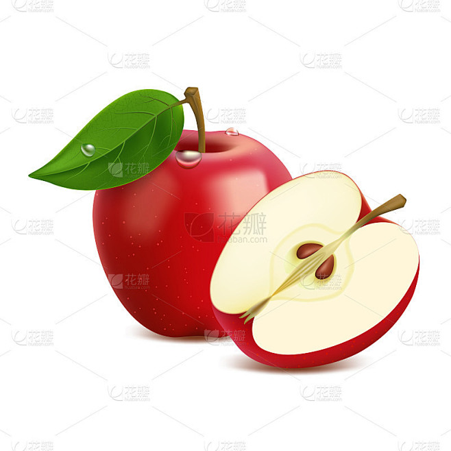 真实的红苹果与树叶和雨滴