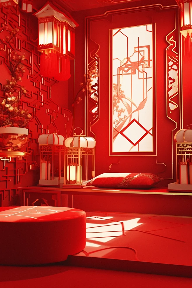 A red room decorated with gold and red, in the style of luminous 3d ...
