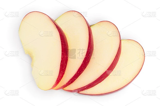 红苹果切片孤立在白色背景与裁剪路径和全景深的领域。前视图。平躺素材-花瓣网