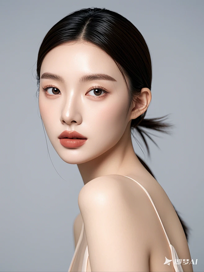 亚洲美女模特 医美模特 面部正脸 五官精致 颈部线条流畅 简约背景 抬头深邃眼眸 浅唇色 无截切 半身无遮挡 高级感 现代风格 朴素大方 素颜 ...