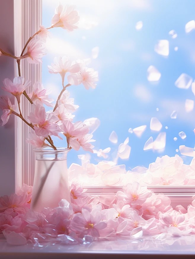 a pink bouquet of fresh air and cherry blossom flowers in front, in the ...