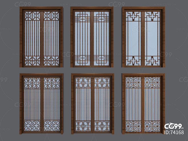 中式实木花格推拉门组合 中式木门 日式木门 窗花-cg模型免费下载-CG99