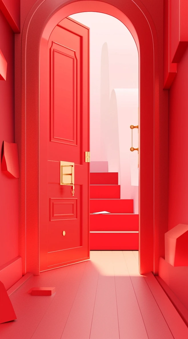 A red door with golden gifts and boxes is behind it, in the style of ...