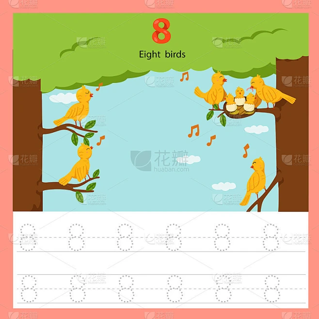 Illustrator of worksheet of Eight birds素材-花瓣网