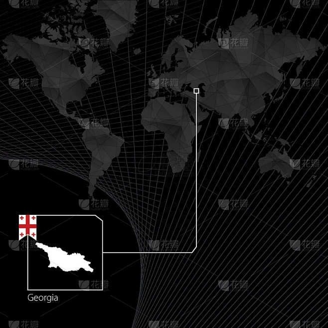 黑色世界地图上的格鲁吉亚。乔治亚州地图和旗帜。-花瓣网