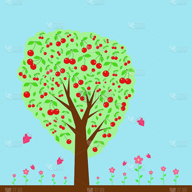 Cherry tree. Summer tree with berries. vector illu