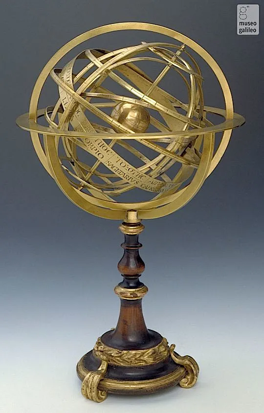17thC gilt brass Ptolemaic armillary sphere on wood stand. Zodiac signs ...