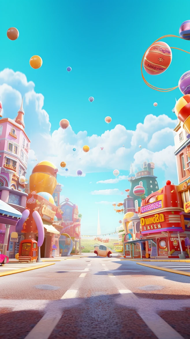 Cities, amusement parks, roads, sunlight, close-up, Bubble Mart style ...
