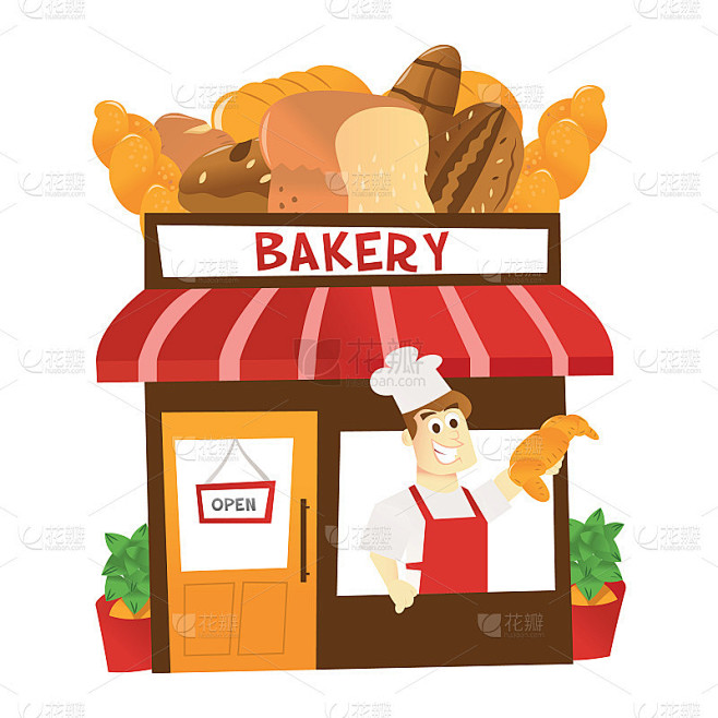 卡通面包店，店主在窗口