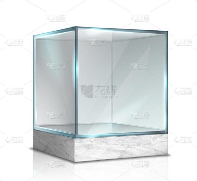 矢量现实玻璃盒子，立方体的表现在大理石的立场。孤立在白色背景上。