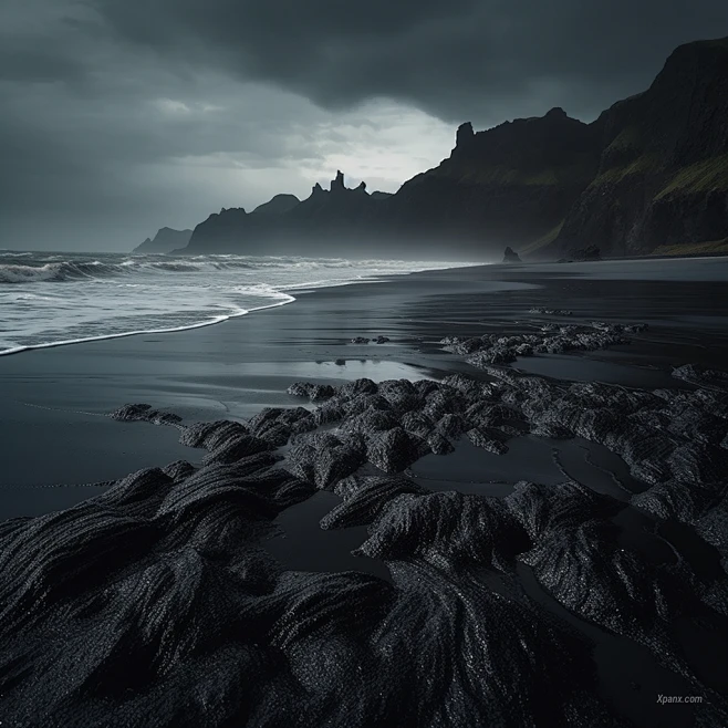 AI绘画_Prompts_Matteo__Studio_MB7_black_sand_beach_with_mountains_in_the ...
