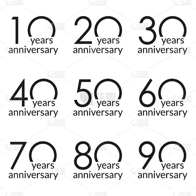 周年标志。10年,20年,30、40、50、60、70、80、90年庆祝。生日设计模板。矢量插图。素材-花瓣网
