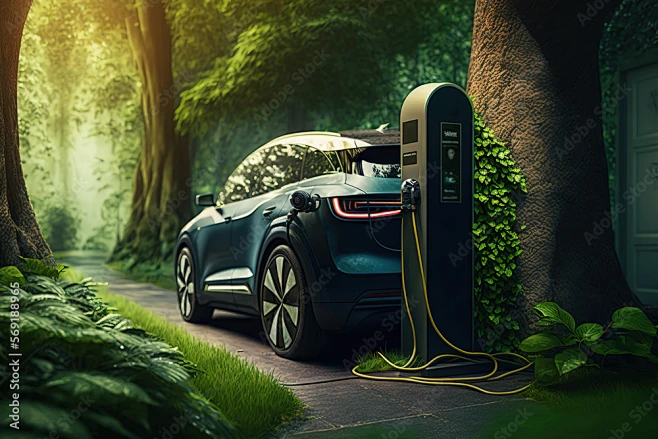 The EV car is charging electrical fuel at the EV station in greenery ...