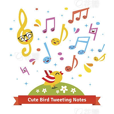 Bird tweeting and singing cartoon musical notes素材-花瓣网