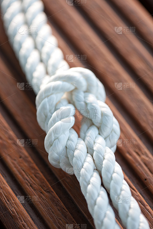木质背景上带结的白色绳子