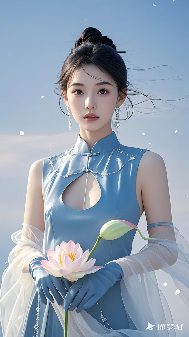 1girl, artist name, black eyes, black hair, blue background, blue dress, blue eyes, blue sky ...