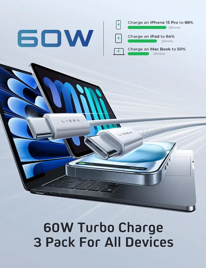 Amazon.com: LISEN USB C Cable to USB C for Safe Certified 60W 3-Pack 6 ...