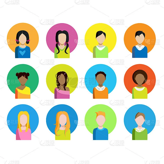 一组不同种族的人的不同图标。在白色的背景上。矢量插图。素材-花瓣网