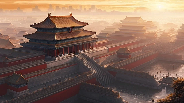 Paper texture, Forbidden City, early morning sunlight, fog, strong ...