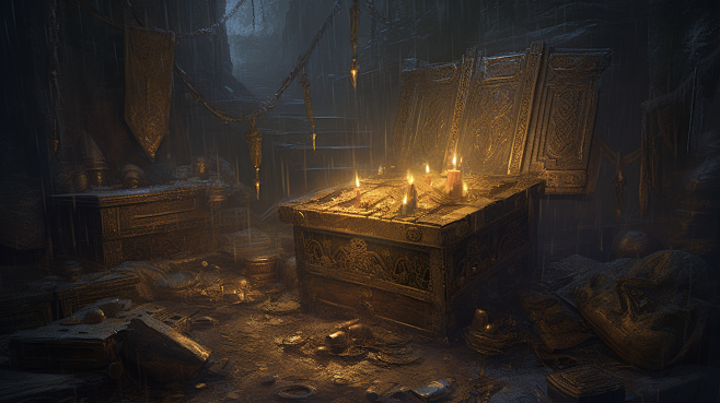 A_dark_damp_tomb_Stacked_with_treasure_boxes_gold_silver_a_aa2f565f ...