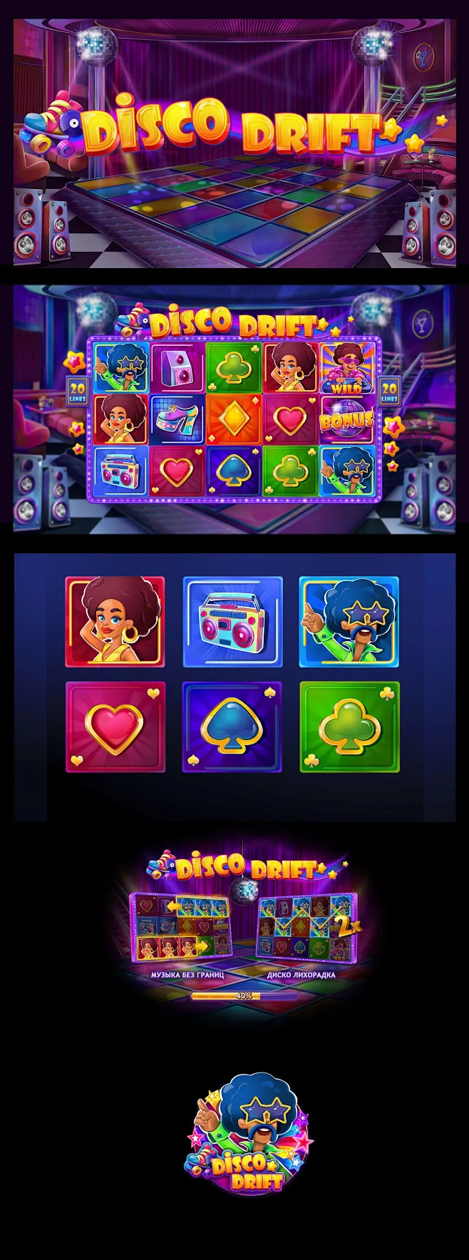 This may contain: the slot machine for disco drift is shown in three ...